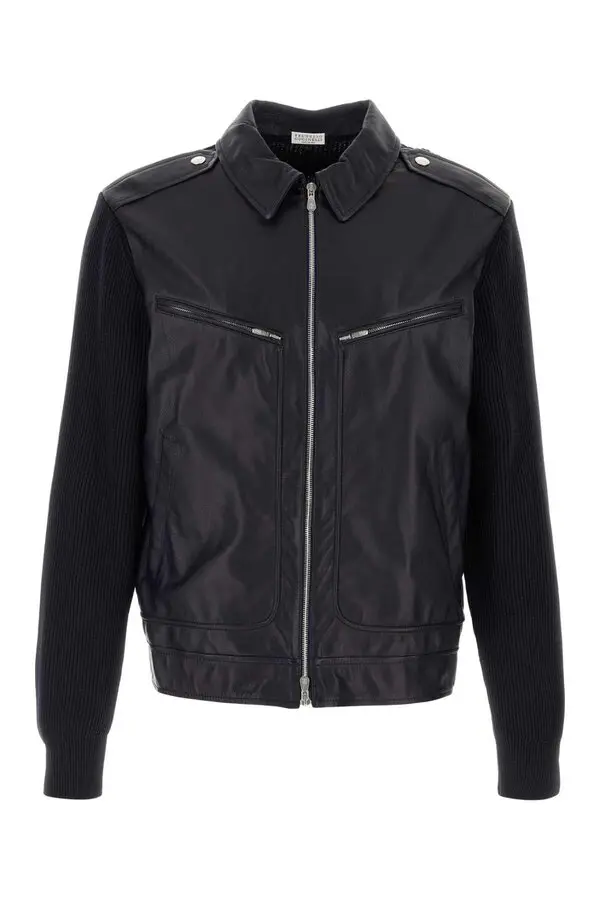 Brunello Cucinelli Leather And Knit Jacket - Blue