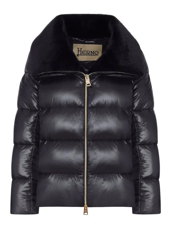 Herno Shiny Down Jacket With Fur Collar - Black