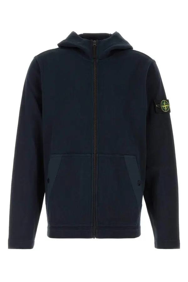 Stone Island Cotton Zip Up Hooded Sweatshirt - Blue