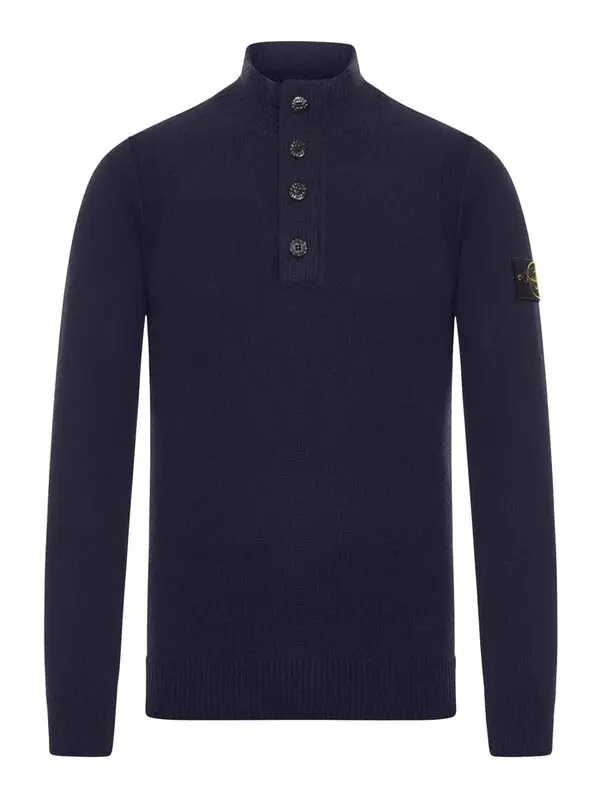 Stone Island Regular Fit Sweater With Short Zip And Fake Buttons - Blue