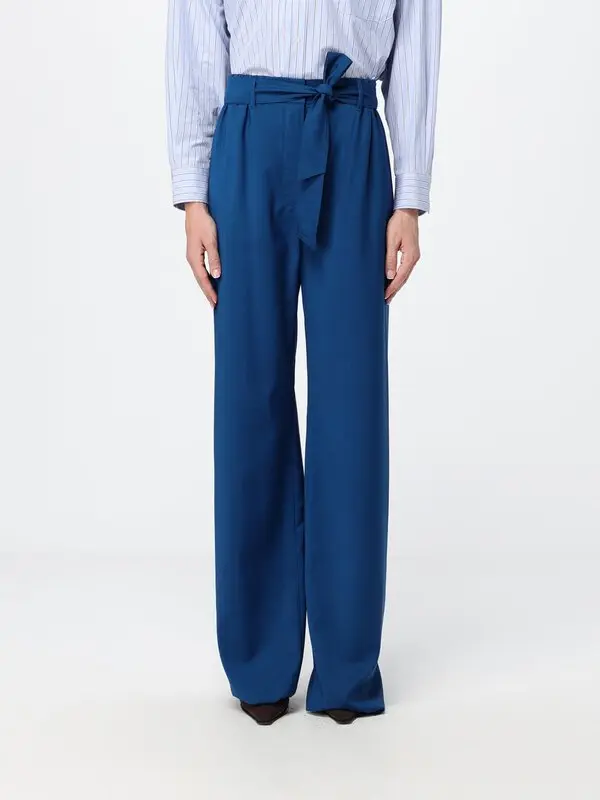 Max Mara Wide Leg Virgin Wool Trousers With Tie Belt At The Waist - Blue