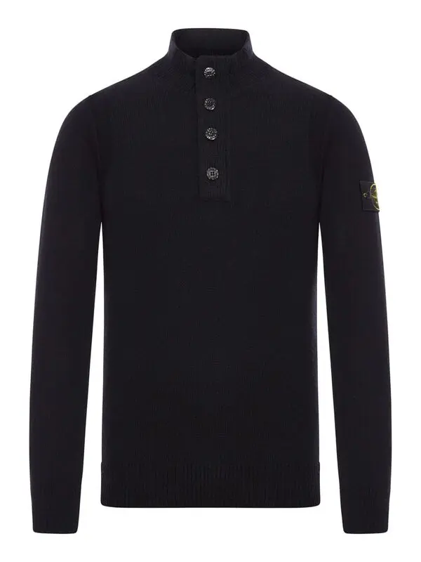 Stone Island Regular Fit Sweater With Short Zip And Fake Buttons - Black