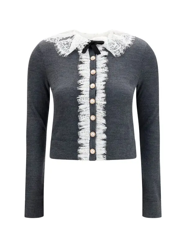 SELF-PORTRAIT Knit Cardigan With Lace Collar - Gray