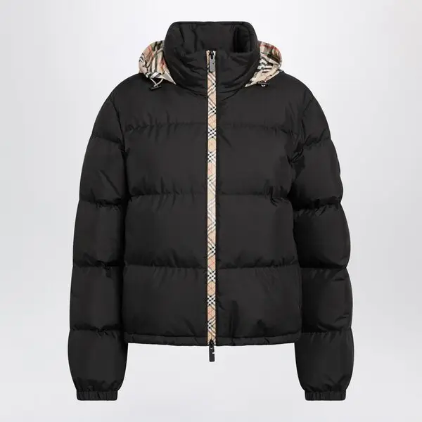 Burberry Zip-up Padded Down Jacket With Check Detail - Black