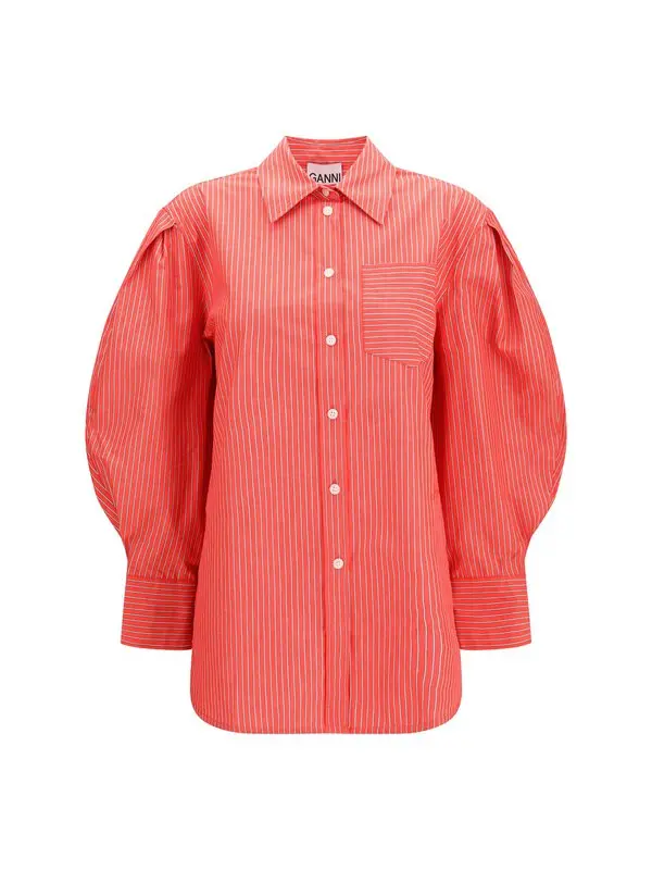 GANNI Striped Cotton Shirt With Balloon Sleeves - Red
