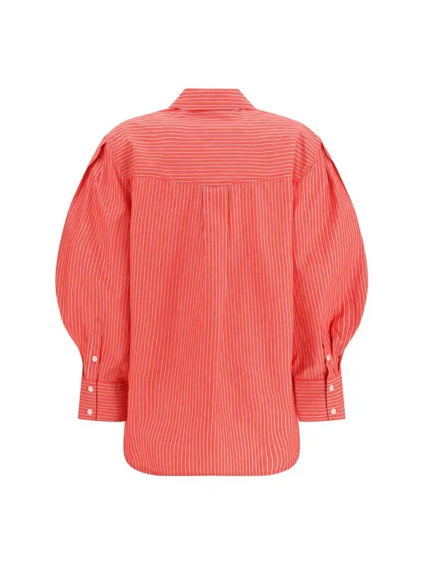 GANNI Striped Cotton Shirt With Balloon Sleeves - Red