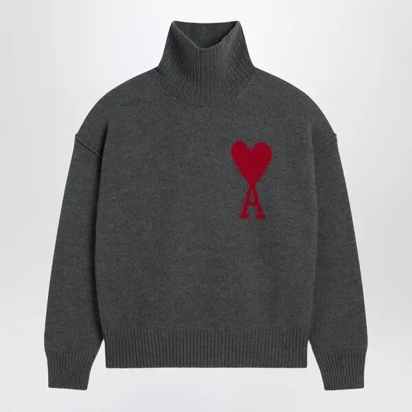 AMI Paris De Coeur Sweater In Grey Melange Merino Wool Knit - Gray