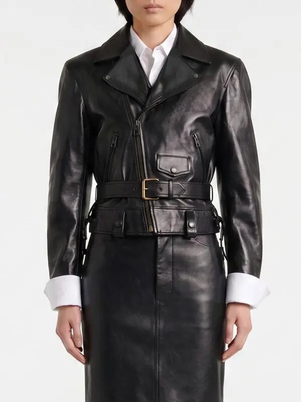 Saint Laurent Slim Fit Belted Calfskin Biker Jacket - Brown