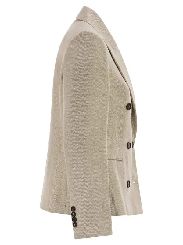 Brunello Cucinelli Double-breasted Jacket In Linen And Cotton With Chevron Pattern