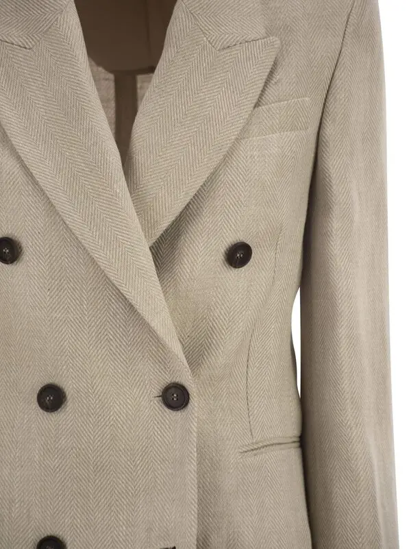 Brunello Cucinelli Double-breasted Jacket In Linen And Cotton With Chevron Pattern