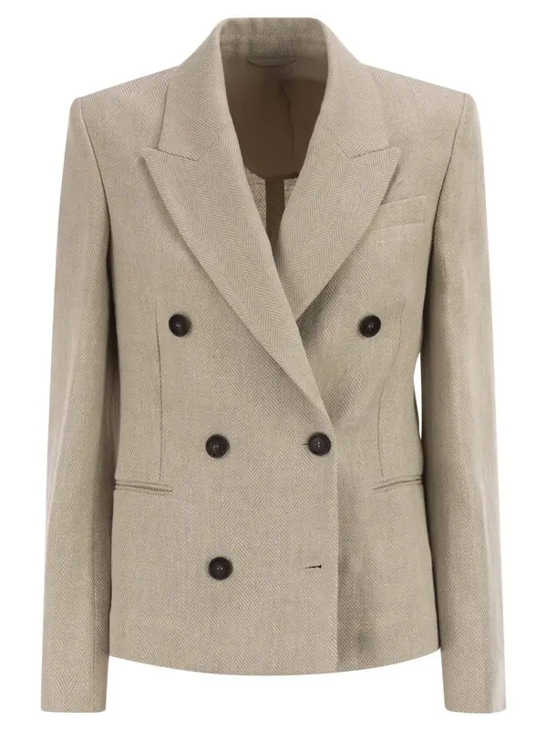 Brunello Cucinelli Double-breasted Jacket In Linen And Cotton With Chevron Pattern - Cream