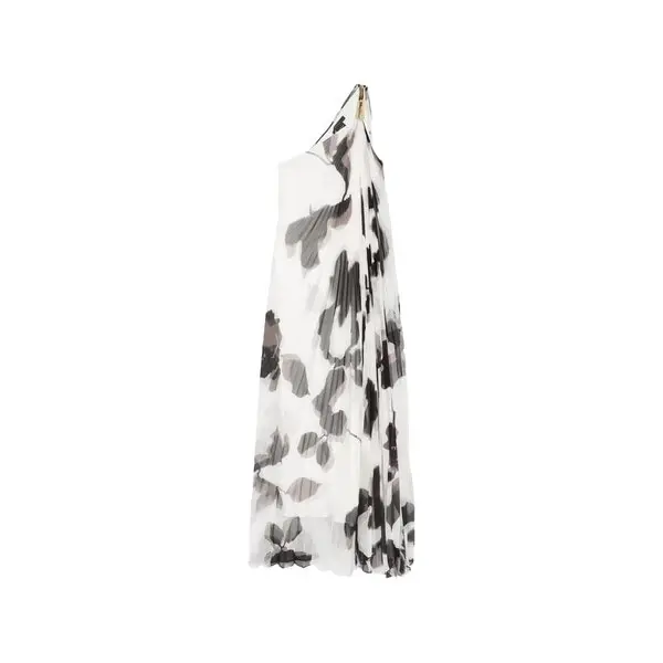 Max Mara Floral Print One Shoulder Pleated Evening Dress - White