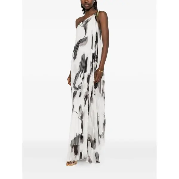 Max Mara Floral Print One Shoulder Pleated Evening Dress - White