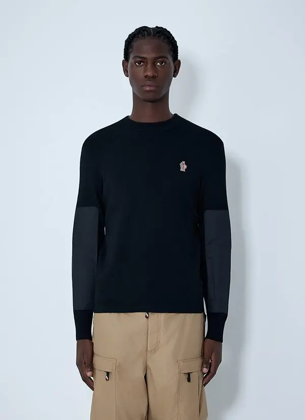 Moncler Crewneck Sweater With Nylon Sleeve Patches - Black