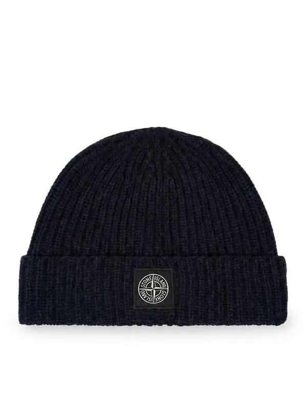 Stone Island Ribbed Knit Beanie With Compass Logo Patch
