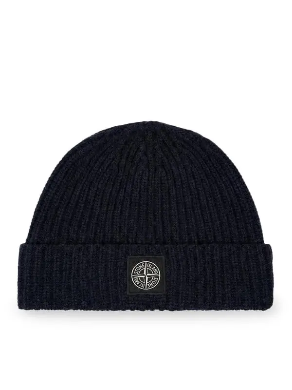 Stone Island Ribbed Knit Beanie With Compass Logo Patch - Black