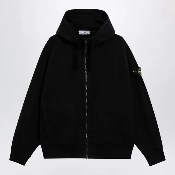 Stone Island Organic Cotton Hooded Zip Sweatshirt - Black