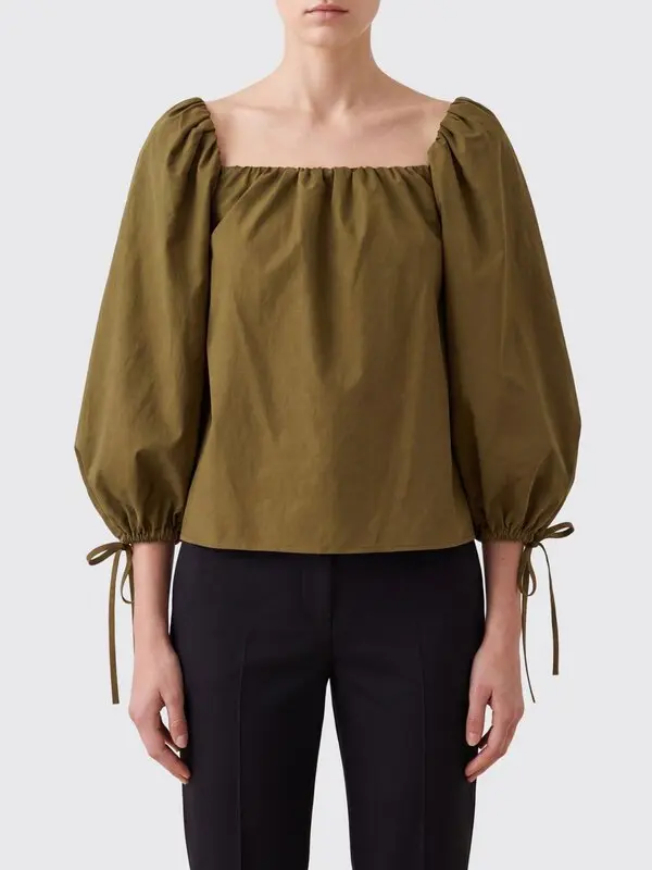 Saint Laurent Cotton-blend Blouse With Puff Sleeves And Square Neckline - Brown