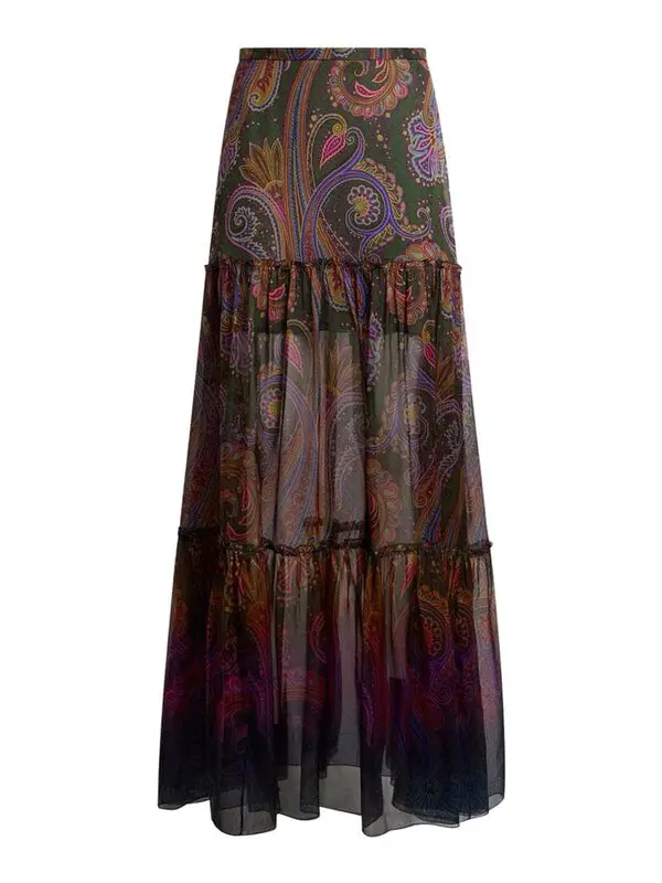 Etro Long Silk Skirt With Placement Paisley Print - Green