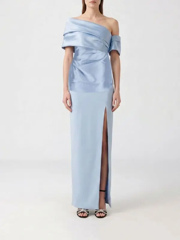 Solace London Asymmetric Off-the-shoulder Satin Sheath Long Evening Gown - Blue