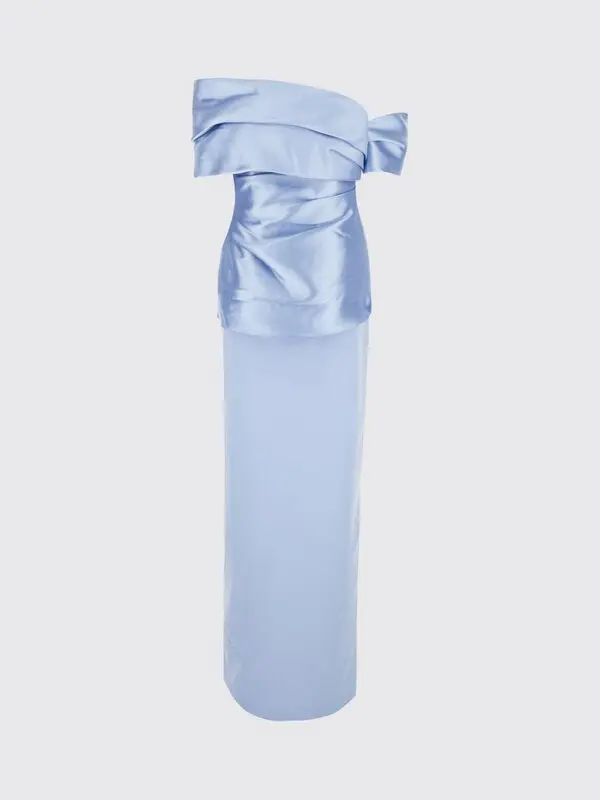 Solace London Asymmetric Off-the-shoulder Satin Sheath Long Evening Gown - Blue