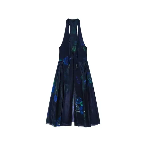 Giorgio Armani Floral Print Tassel Detail Pleated Silk Blend Dress - Blue