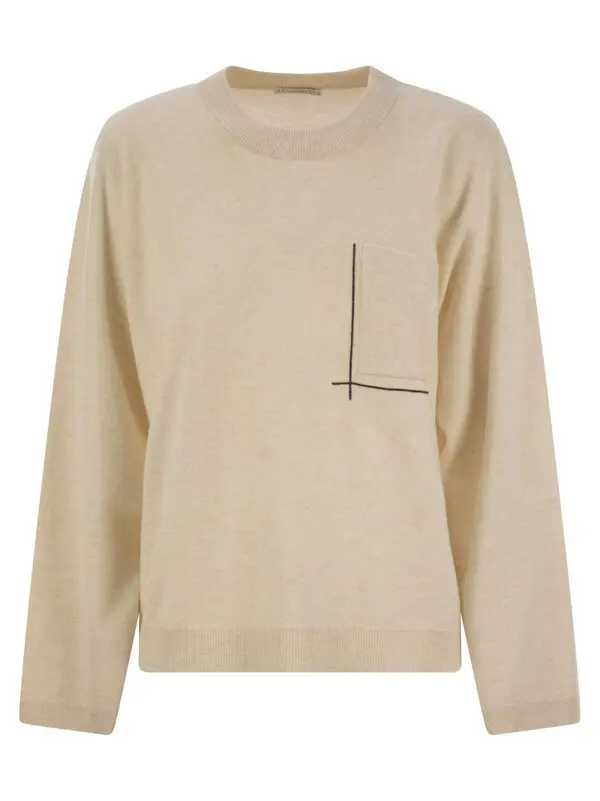 Brunello Cucinelli Virgin Wool, Cashmere And Silk Sweater With Shiny Pocket Detail - Cream