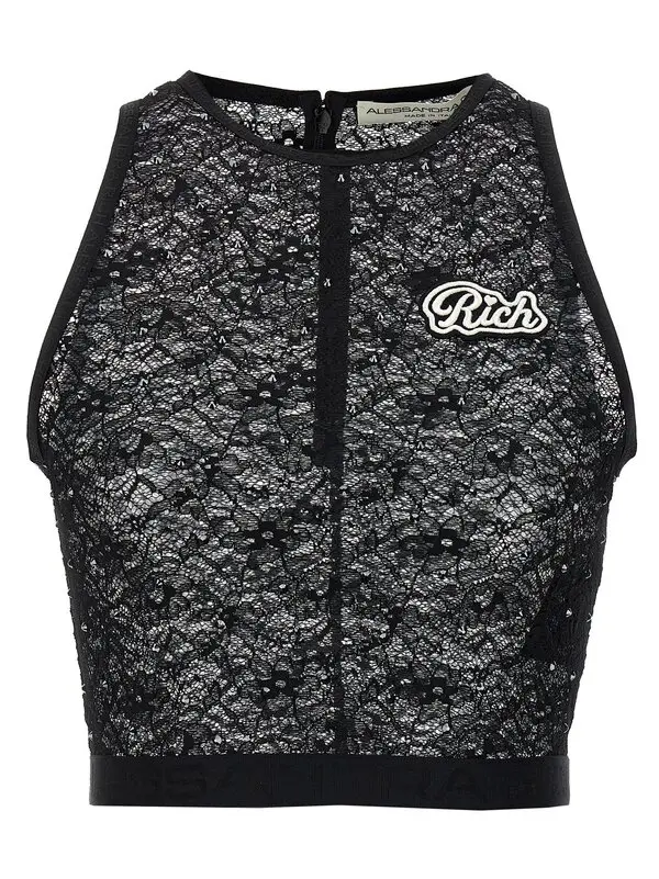 Alessandra Rich Rhinestone Lace Crop Top - Black