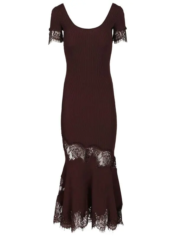 SELF-PORTRAIT Ribbed Midi Dress - Brown