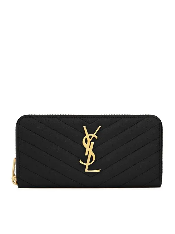 Saint Laurent Cassandre Matelassé Zip Wallet In Grain De Poudre Embossed Leather - Black