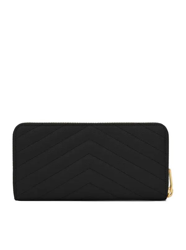 Saint Laurent Cassandre Matelassé Zip Wallet In Grain De Poudre Embossed Leather - Black