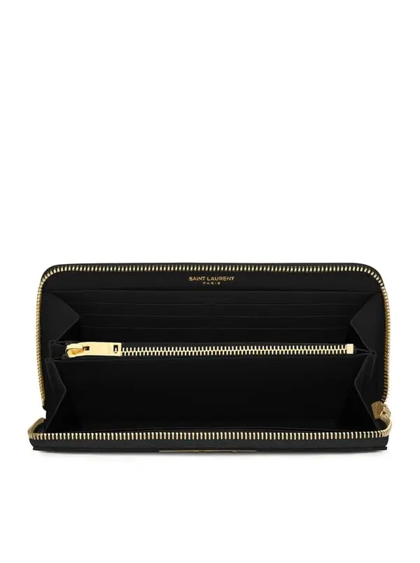 Saint Laurent Cassandre Matelassé Zip Wallet In Grain De Poudre Embossed Leather - Black