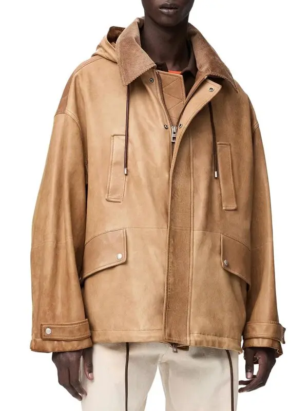Loewe Short Parka In Lambskin And Cotton