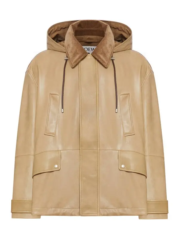 Loewe Short Parka In Lambskin And Cotton - Brown