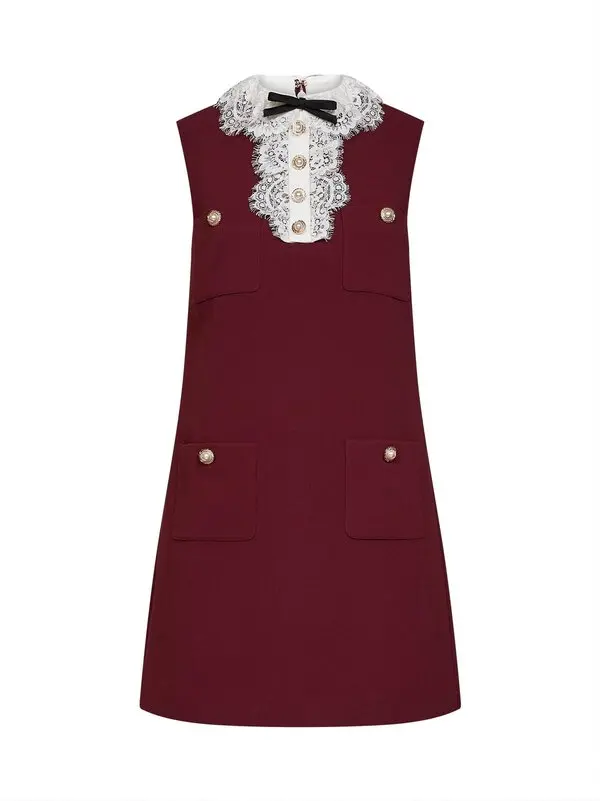 SELF-PORTRAIT Burgundy Crepe Mini Dress With Lace Collar - Multicolor