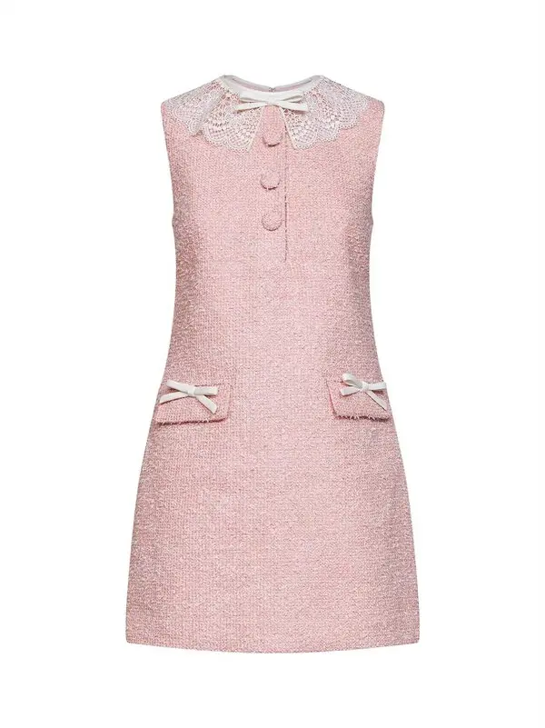 SELF-PORTRAIT Pink Bouclé Mini Dress With Lace Collar - Multicolor