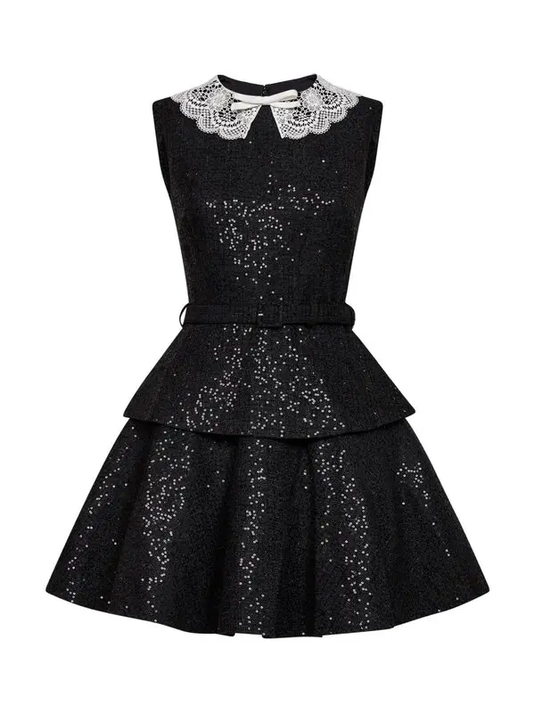 SELF-PORTRAIT Sequin Bouclé Belted Peplum Mini Dress - Multicolor