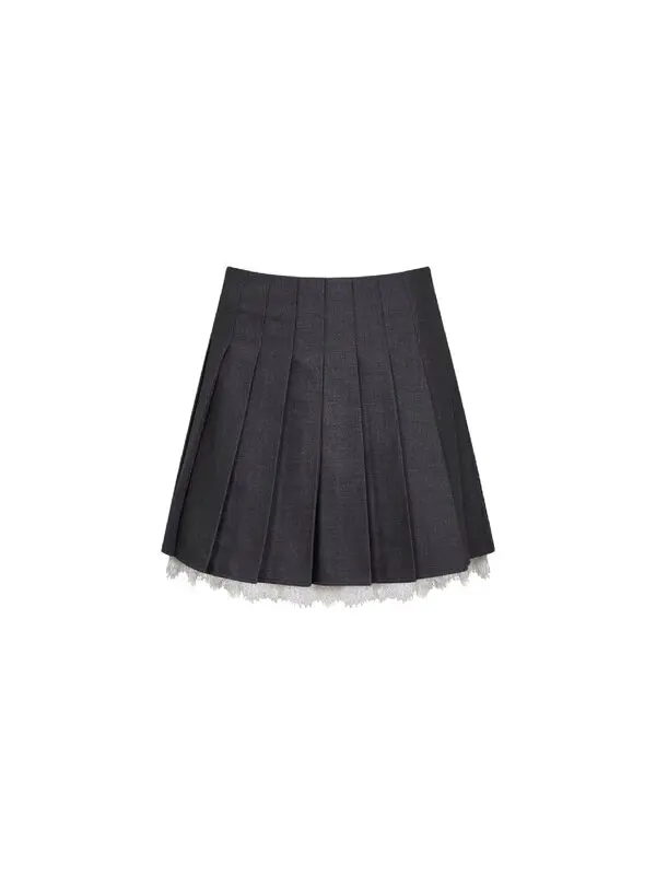 SELF-PORTRAIT Grey Wool Blend Pleated Mini Skirt With Lace Insert