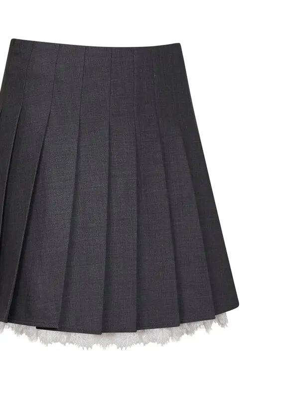 SELF-PORTRAIT Grey Wool Blend Pleated Mini Skirt With Lace Insert