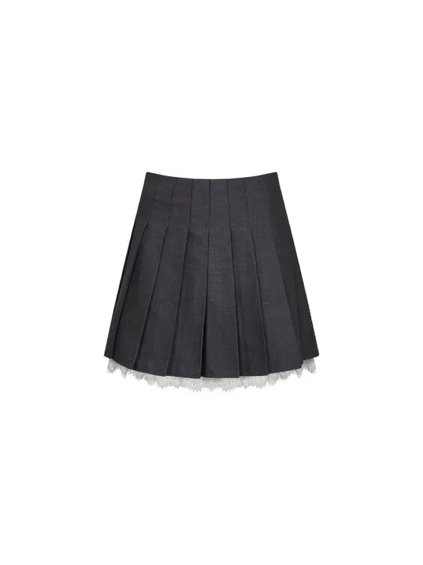 SELF-PORTRAIT Grey Wool Blend Pleated Mini Skirt With Lace Insert - Multicolor