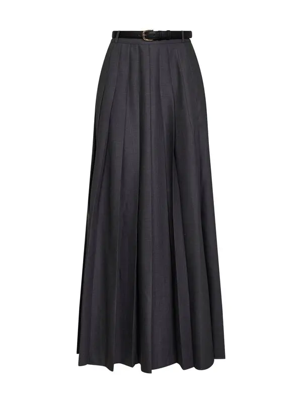 SELF-PORTRAIT Grey Wool Blend Belted Pleated Maxi Skirt - Multicolor