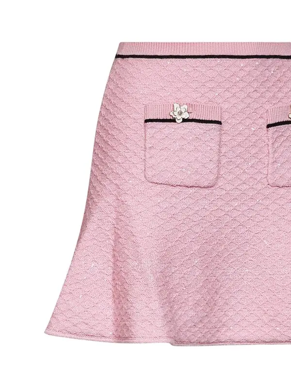 SELF-PORTRAIT Pink Sequin Knit Flared Mini Skirt