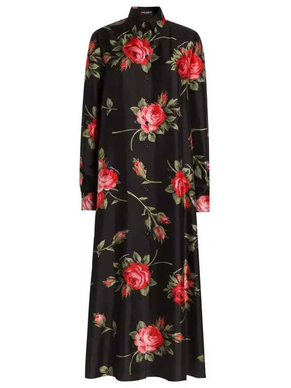 Dolce & Gabbana Rose Bouquet Print Twill Long Dress - Black