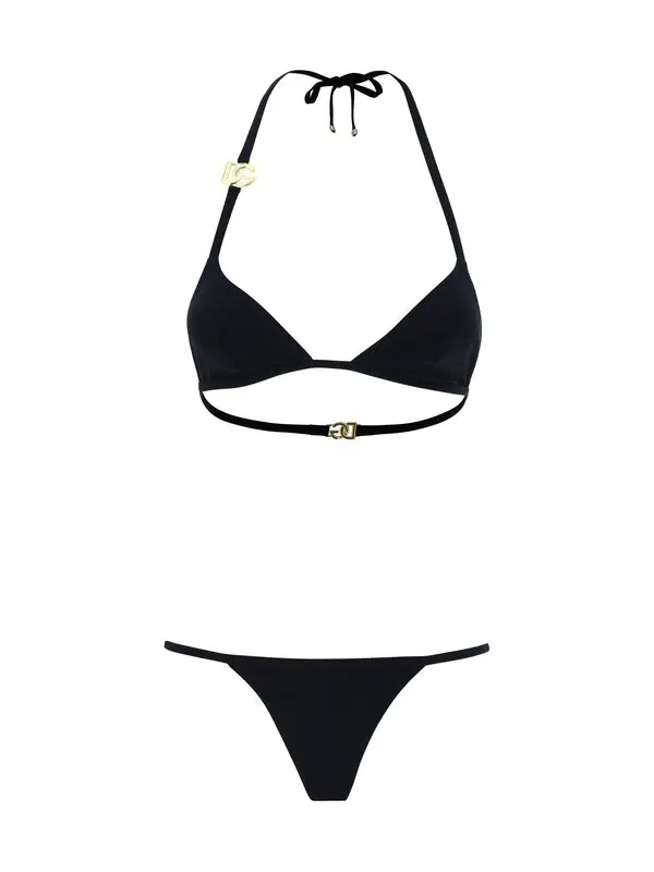 Dolce & Gabbana Triangle Bikini With Gold Plaque - Black