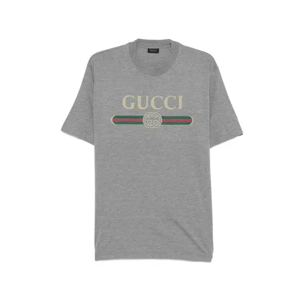 Gucci Logo Print Crew Neck Short Sleeve T-shirt - Gray