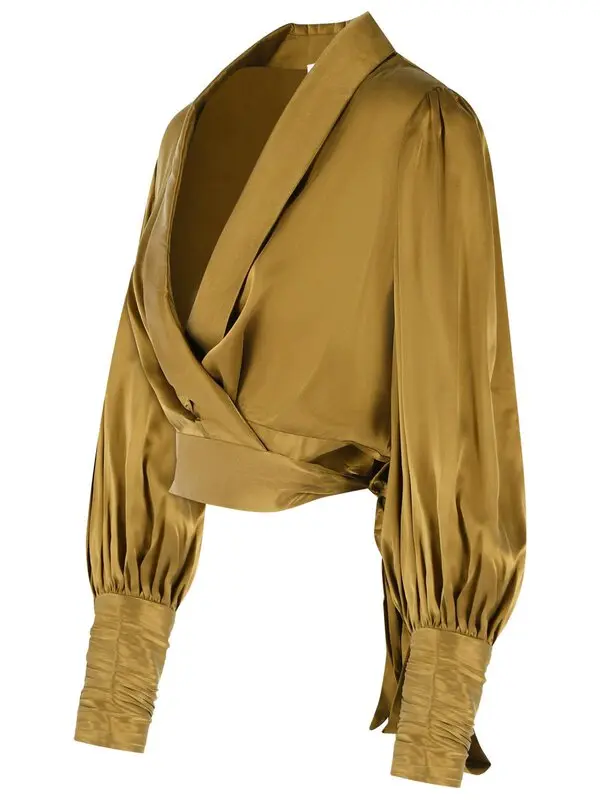 Zimmermann Crop Wrap' Olive Silk Blouse
