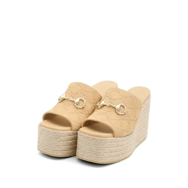 Gucci Gg Monogram Suede Wedge Shoes - Cream