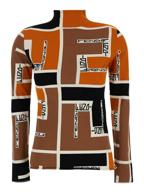 Fendi Orange Polo Neck Sweater In Viscose Blend - Multicolor