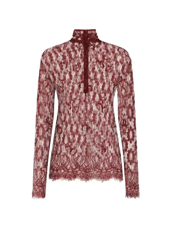 Dolce & Gabbana Chantilly Lace High Neck Long Sleeve Top - Multicolor