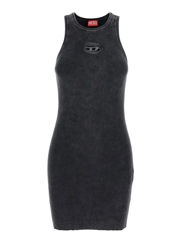 DIESEL® Sleeveless Crew Neck Dress With Cut-out And Logo On The Front In Ribbed Cotton For - Black